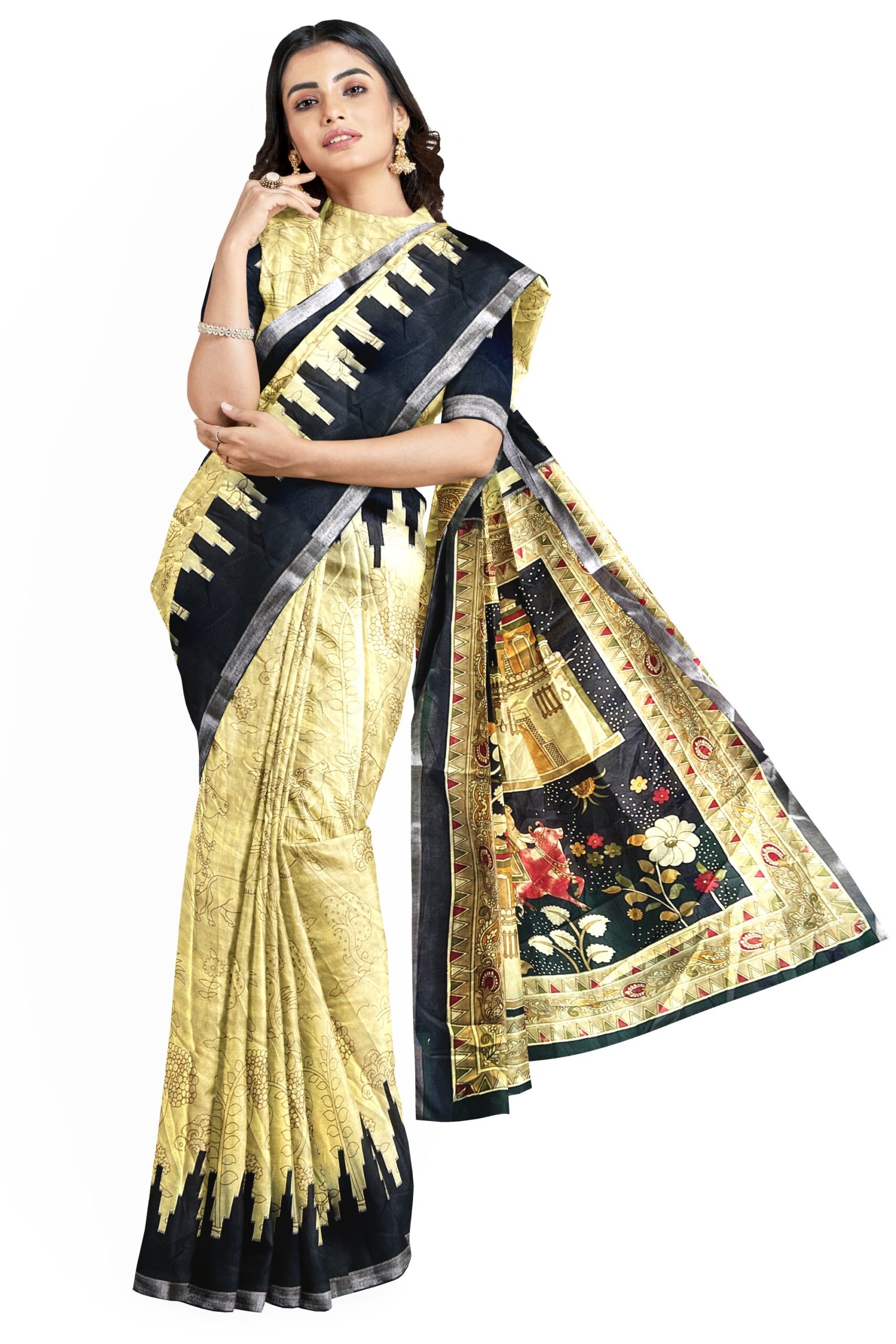 Elegant Silk Saree with Abstract Floral and Traditional Design – Ponnosri